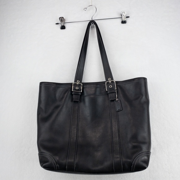 Coach | Bags | Coach Black Leather Large Tote Bag Hang Tag Silver ...